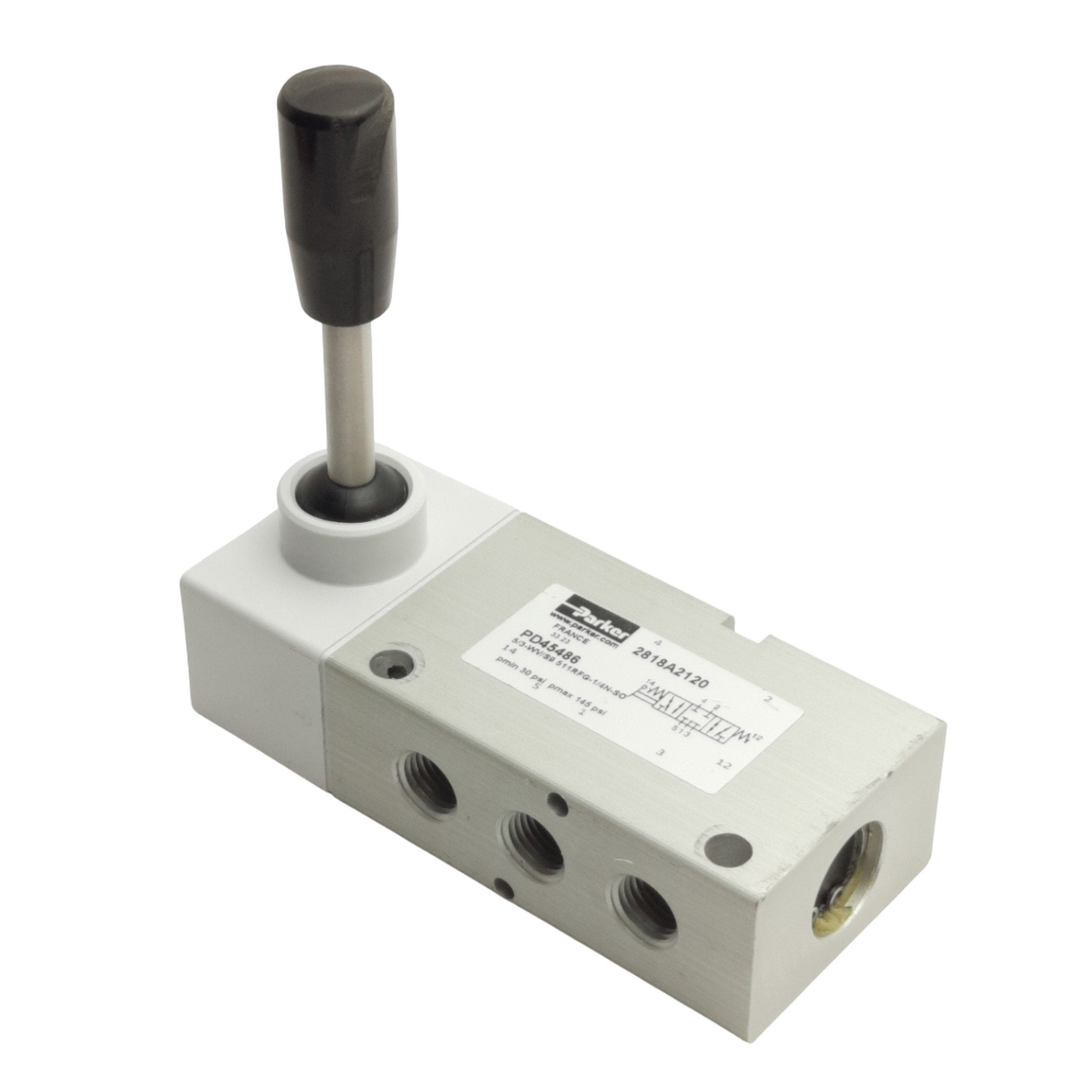 Parker PD45486 Manual Lever Valve, 1/4in NPT, 30-145psi, 5 Port 3 Posi – Next Day Automation