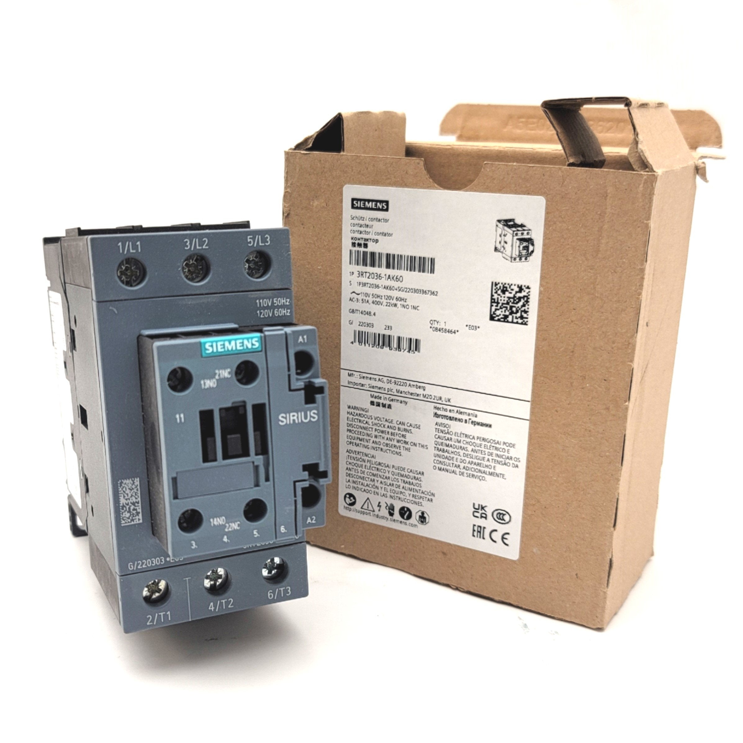 Siemens 3RT2036-1AK60 SIRIUS 3-Pole Contactor 120VAC Coil, 50A, 50HP ...