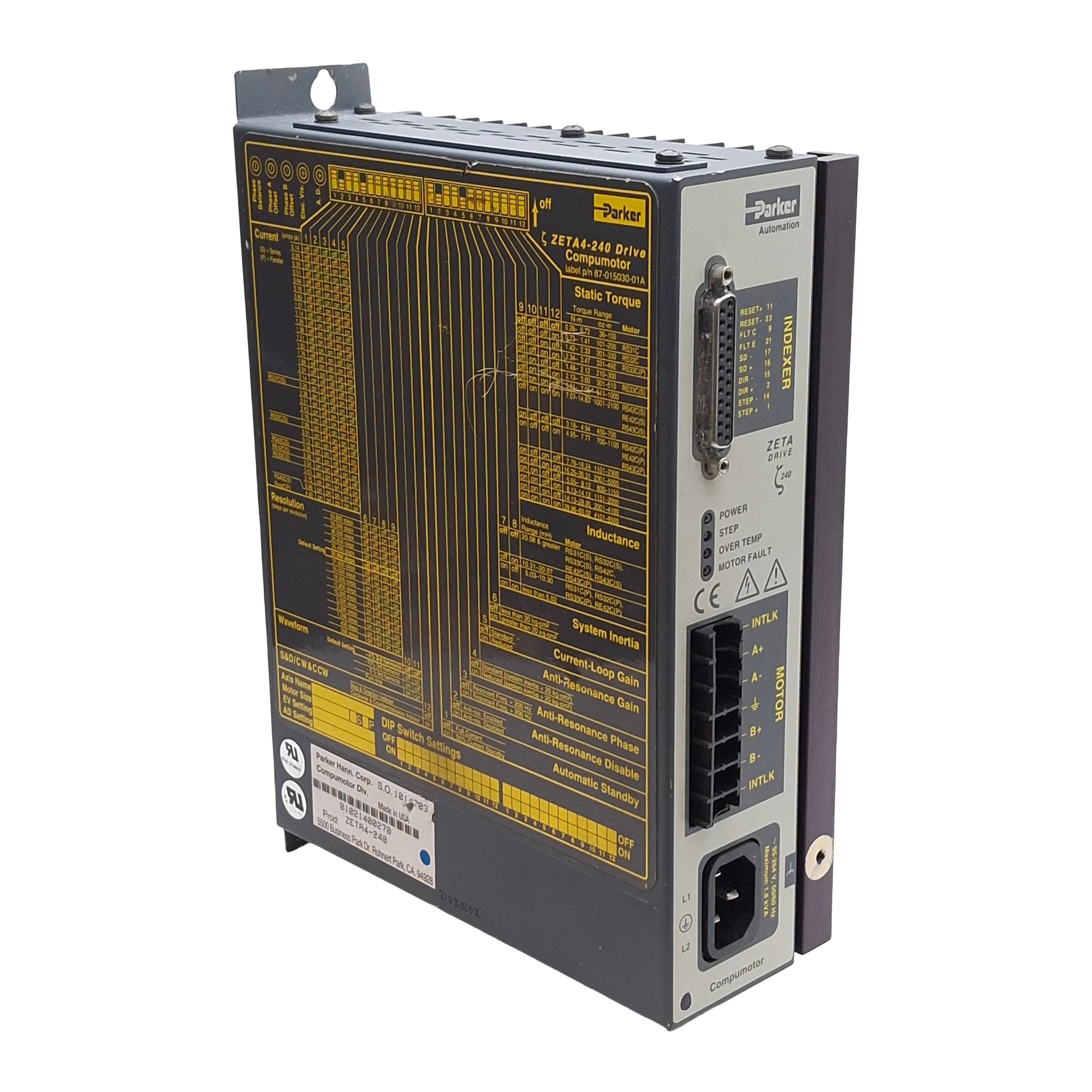 Parker ZETA4-240 Stepper Drive, 4A Peak Output, 170/340VDC BUS, 120/24 ...