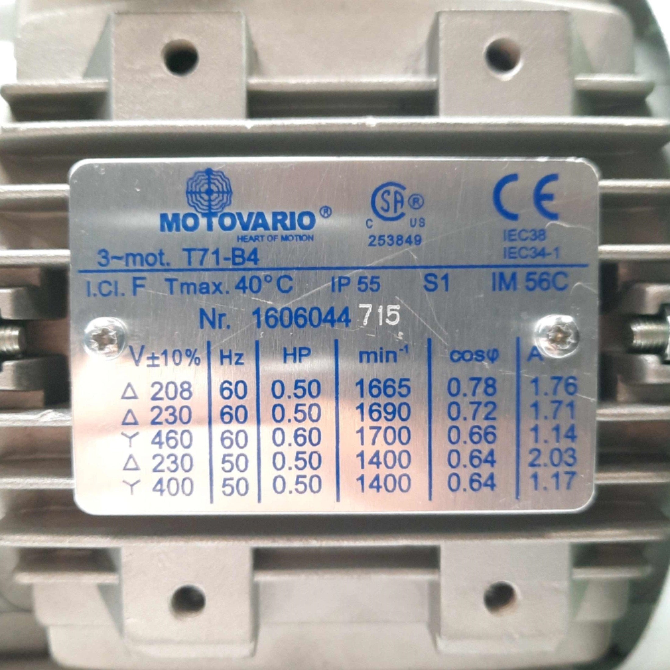 Motovario T71-B4 AC Motor, 1/2HP, 1665RPM, 3PH 208/230/400/460VAC, 56C ...