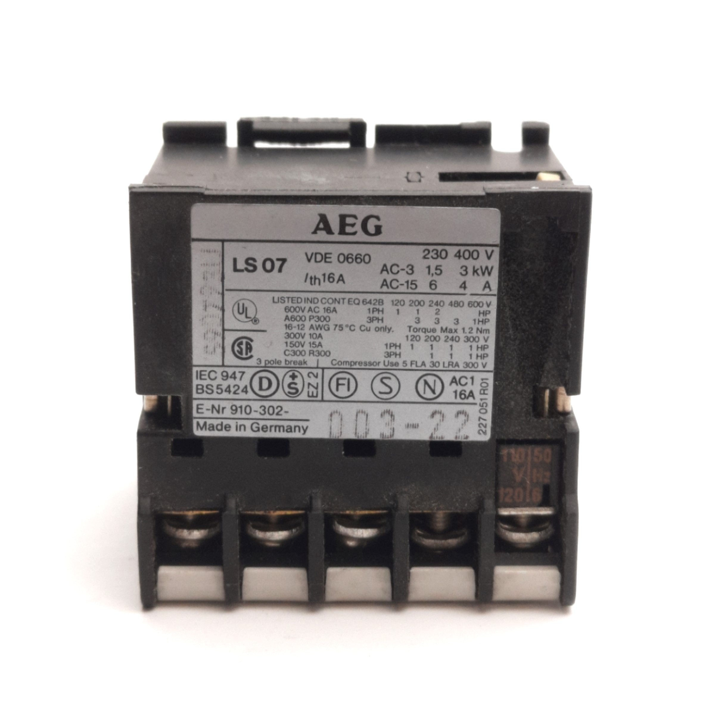 AEG LS07 10E Mini-Contactor 3-Ph, 4NO, 16A, 600V AC, 300V DC, 110/120V ...