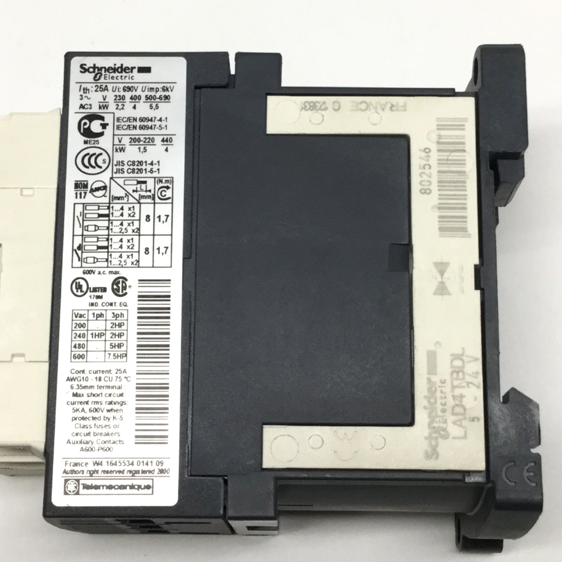 Schneider LC1D09BL TeSys IEC Contactor 3-Pole + 1NO-1NC 25A 600VAC, 24 ...