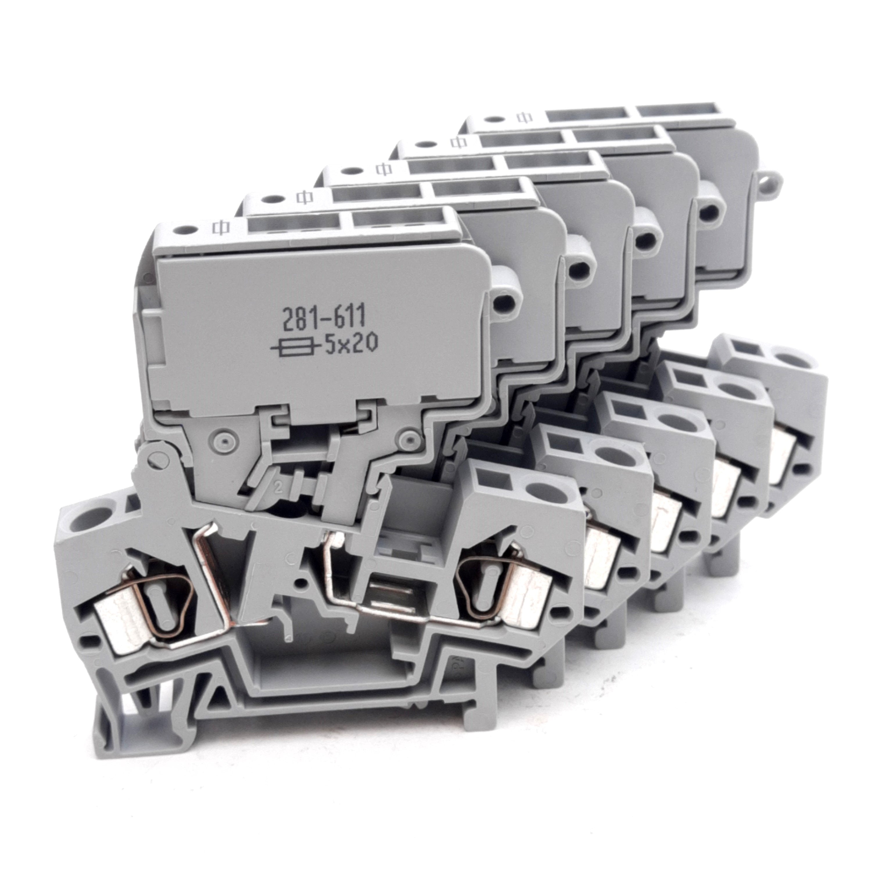 Lot of 5 Wago 281-611 Fused Terminal Blocks, 800V 16A, 5x20mm Fuses, D ...