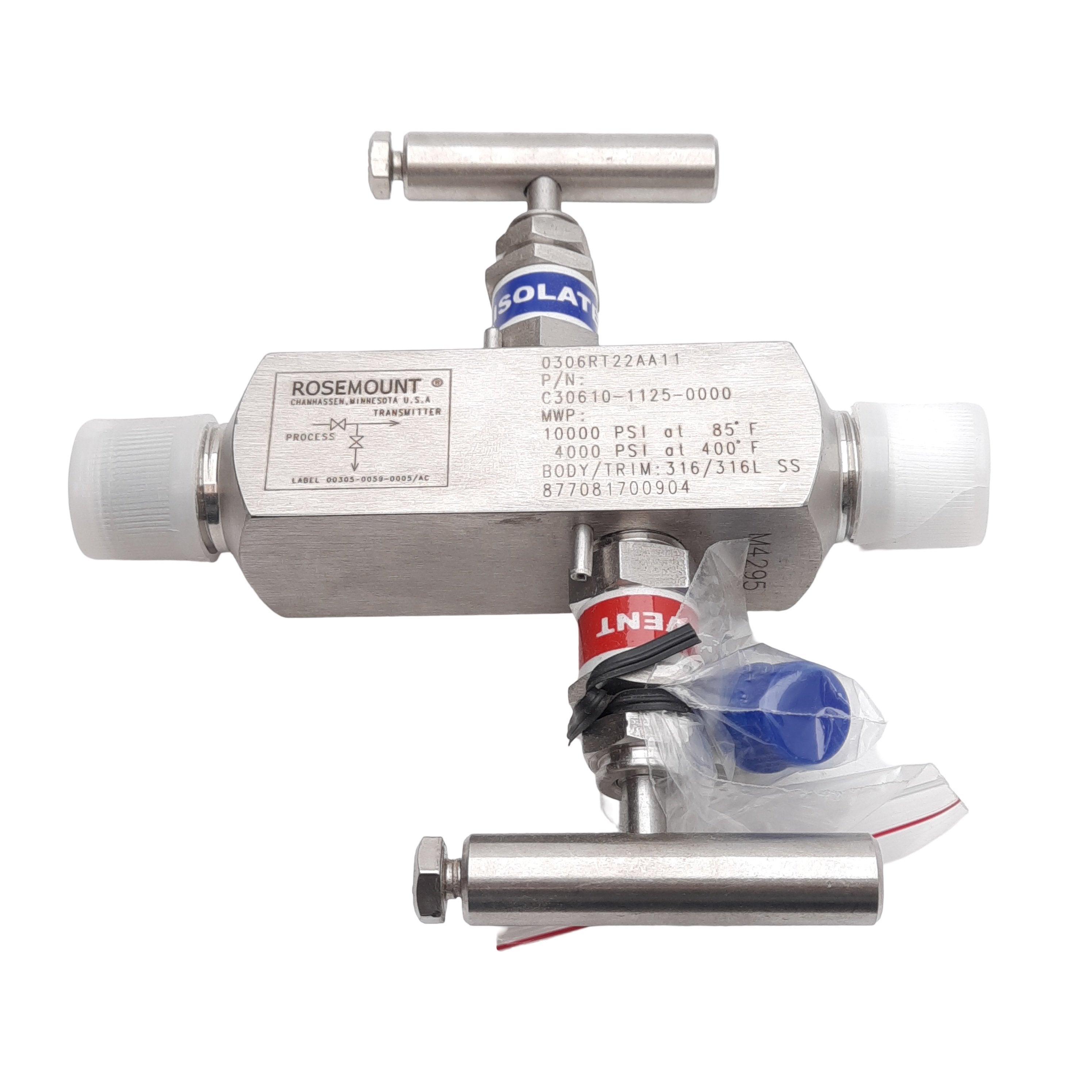 Rosemount 0306RT22AA11 In-Line Manifold, 2-Valve, 10000PSI @ 85°F, 1/4 ...