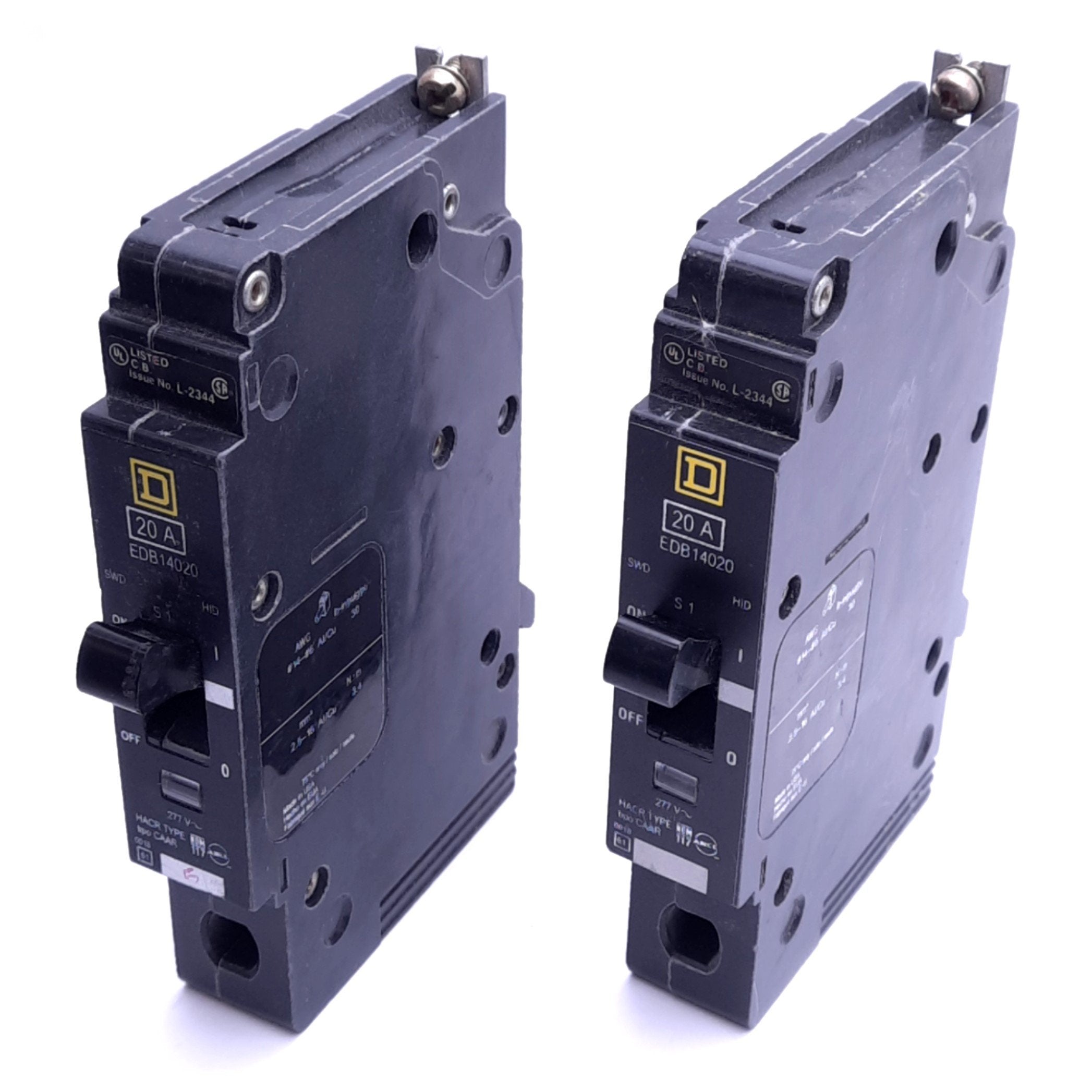 Lot of 2 Schneider EDB14020 Circuit Breakers, 1-Pole, 20A, 277VAC, Bol ...