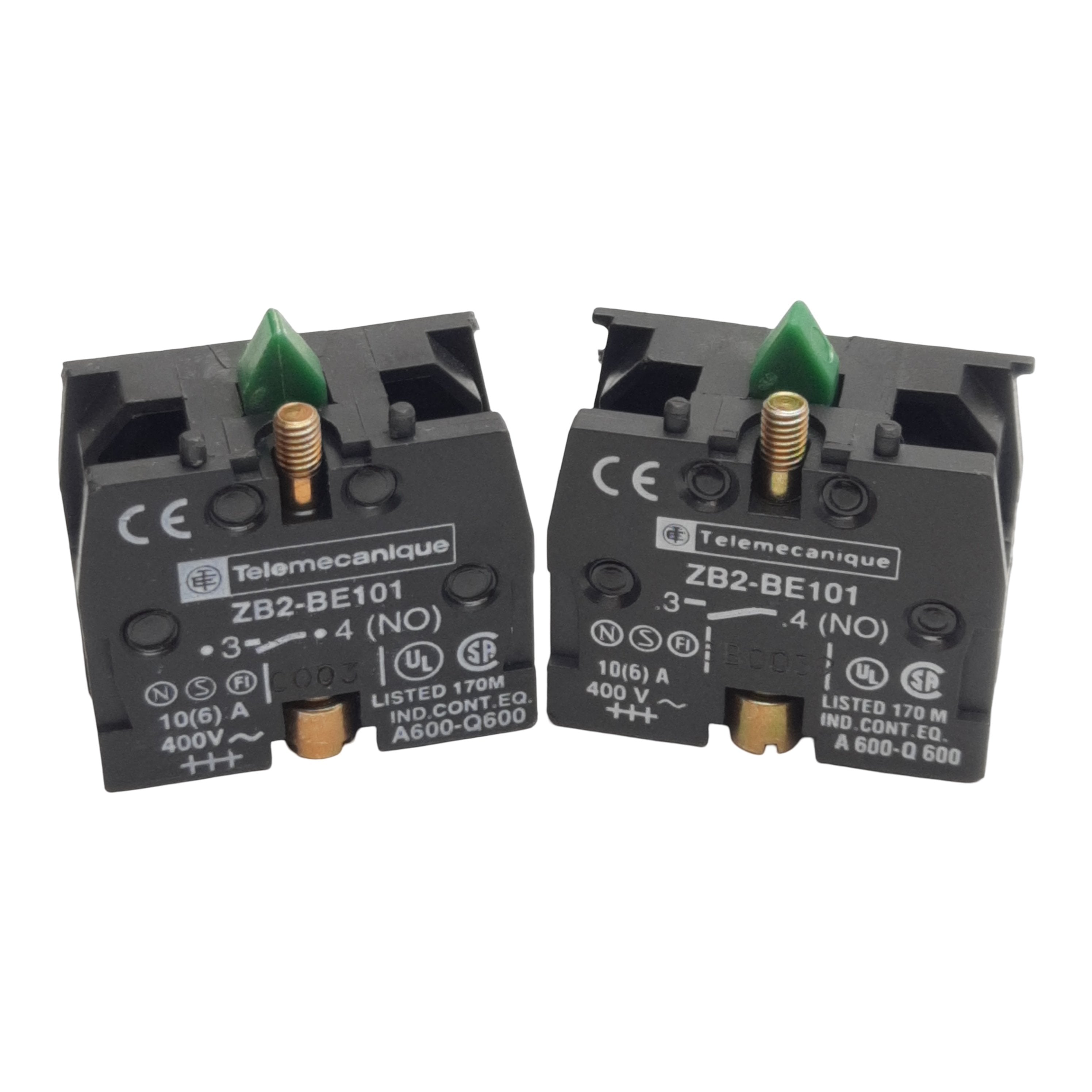 Lot of 2 Telemecanique ZB2-BE101 Contact Block, 1N.O., 10A 600VAC, 22m ...