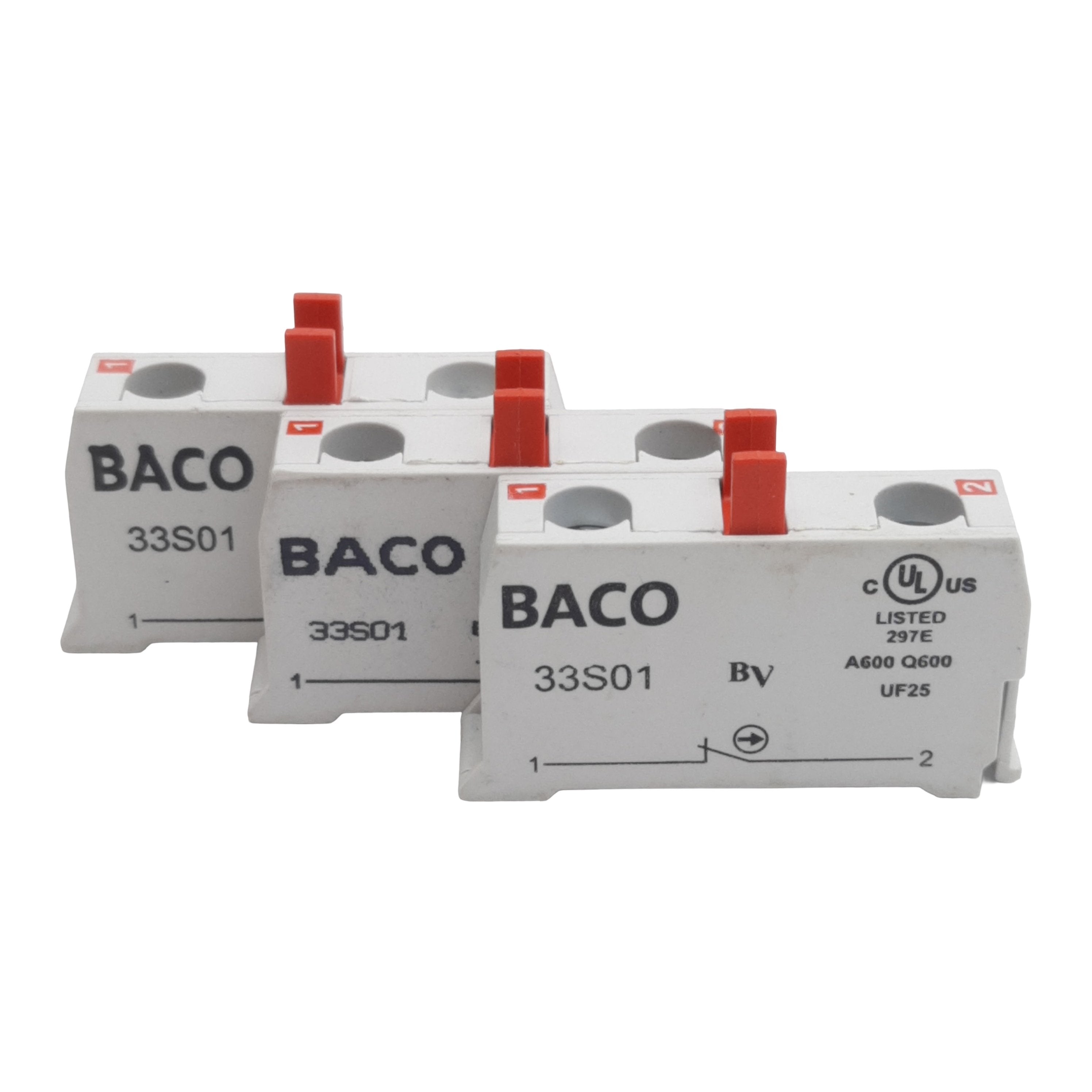 Lot of 3 Baco 33S01 Pushbutton Contact Block, 1N.C., 10A 600VAC, 22mm ...