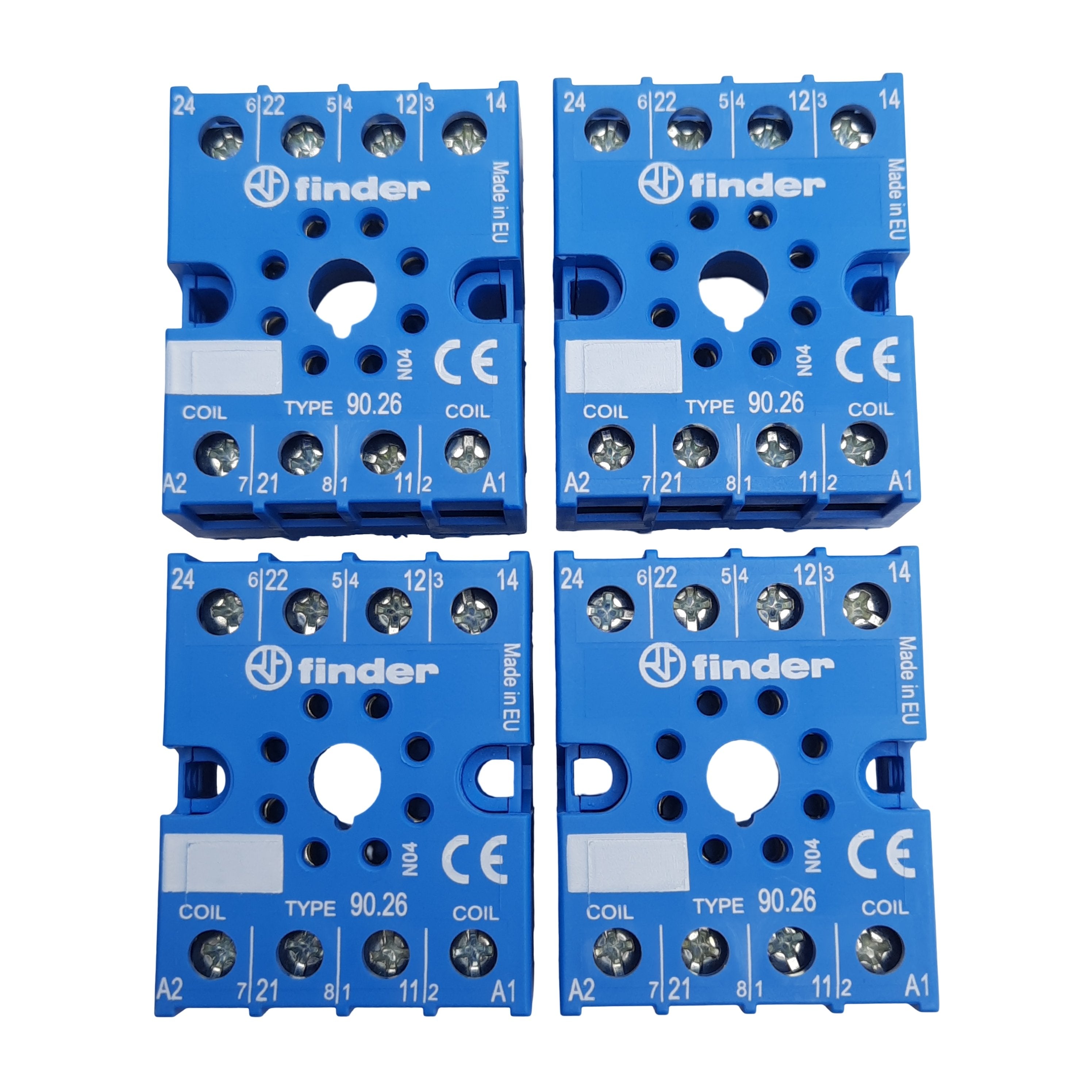 Lot of 4 Finder 90.26 Relay Socket, 2CO-DPDT, 8-Pin, 10A 250VAC, DIN R ...