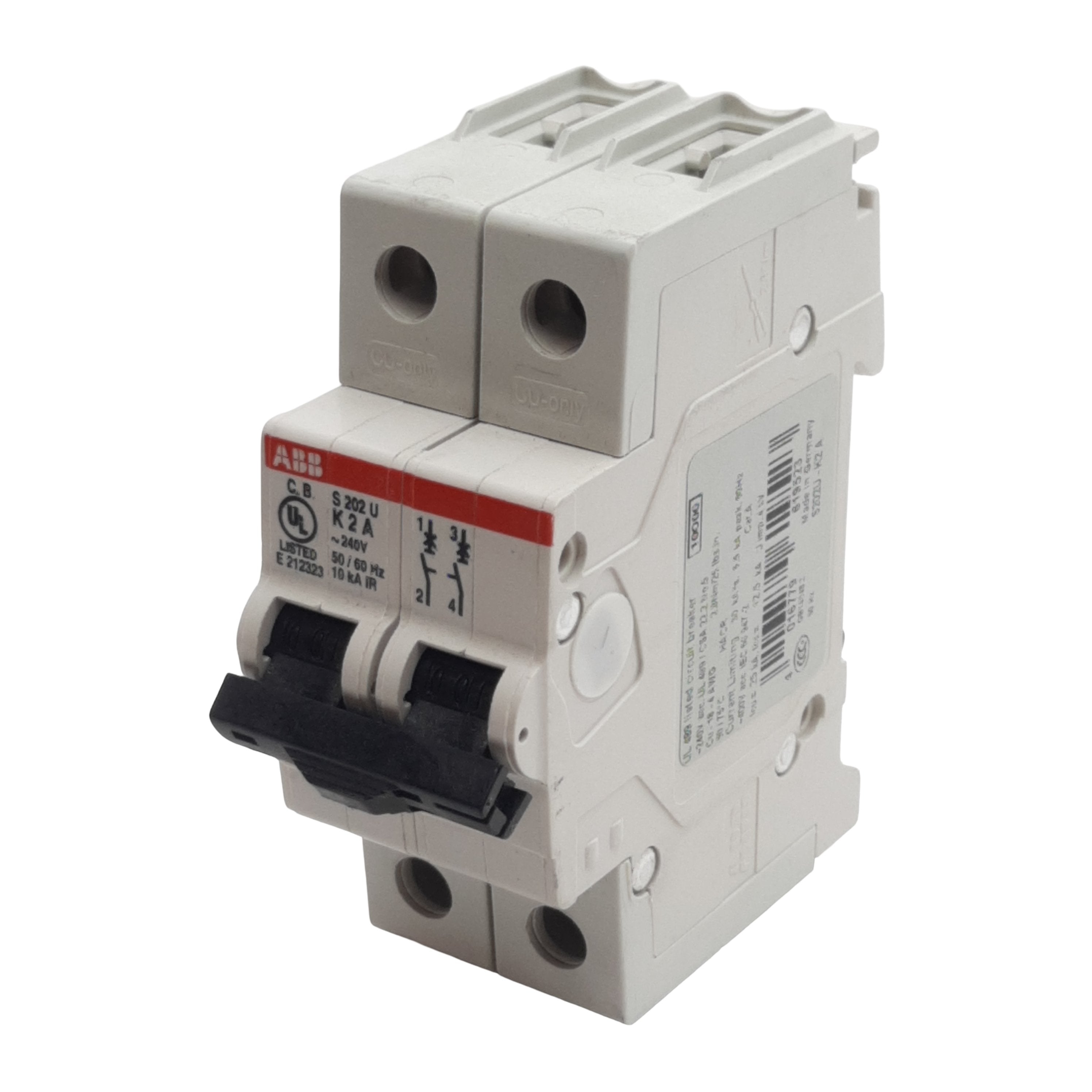 ABB S202U-K2A Circuit Breaker, 2-Poles, 2A 240VAC, K-Curve, DIN Rail M ...