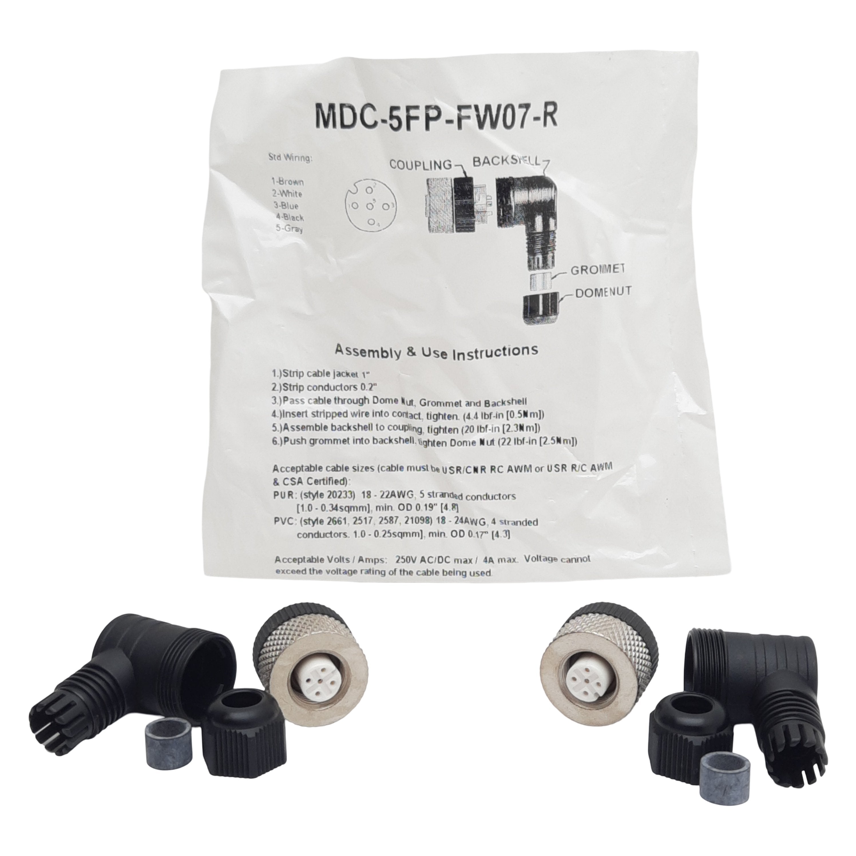Lot of 2 Mencom MDC-5FP-FW07-R Connector, 5-Pin M12 90° Female, 3-6.5m ...