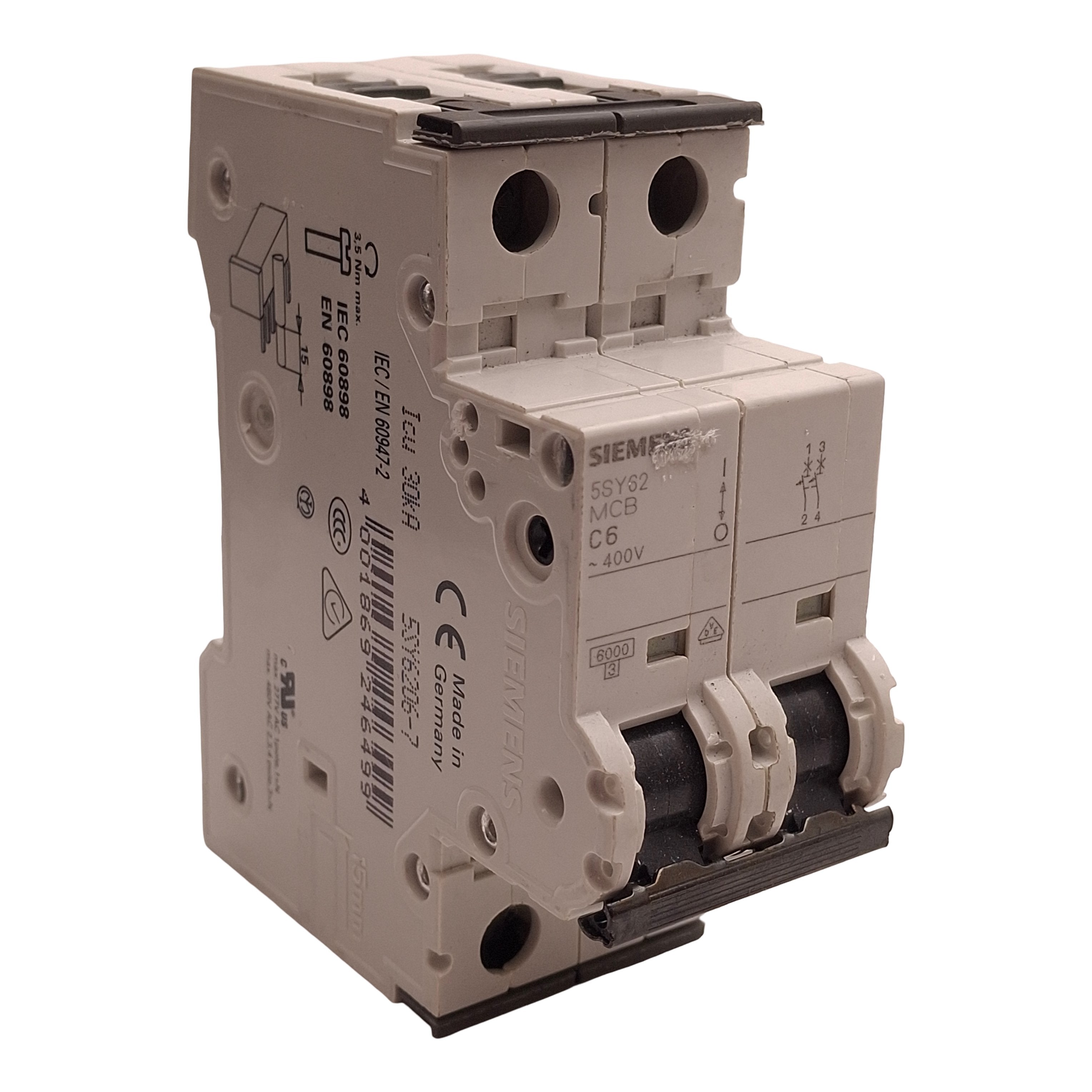 Siemens 5SY6206-7 Circuit Breaker, 2-Pole, 6A 400VAC, C-Curve, DIN Rai ...