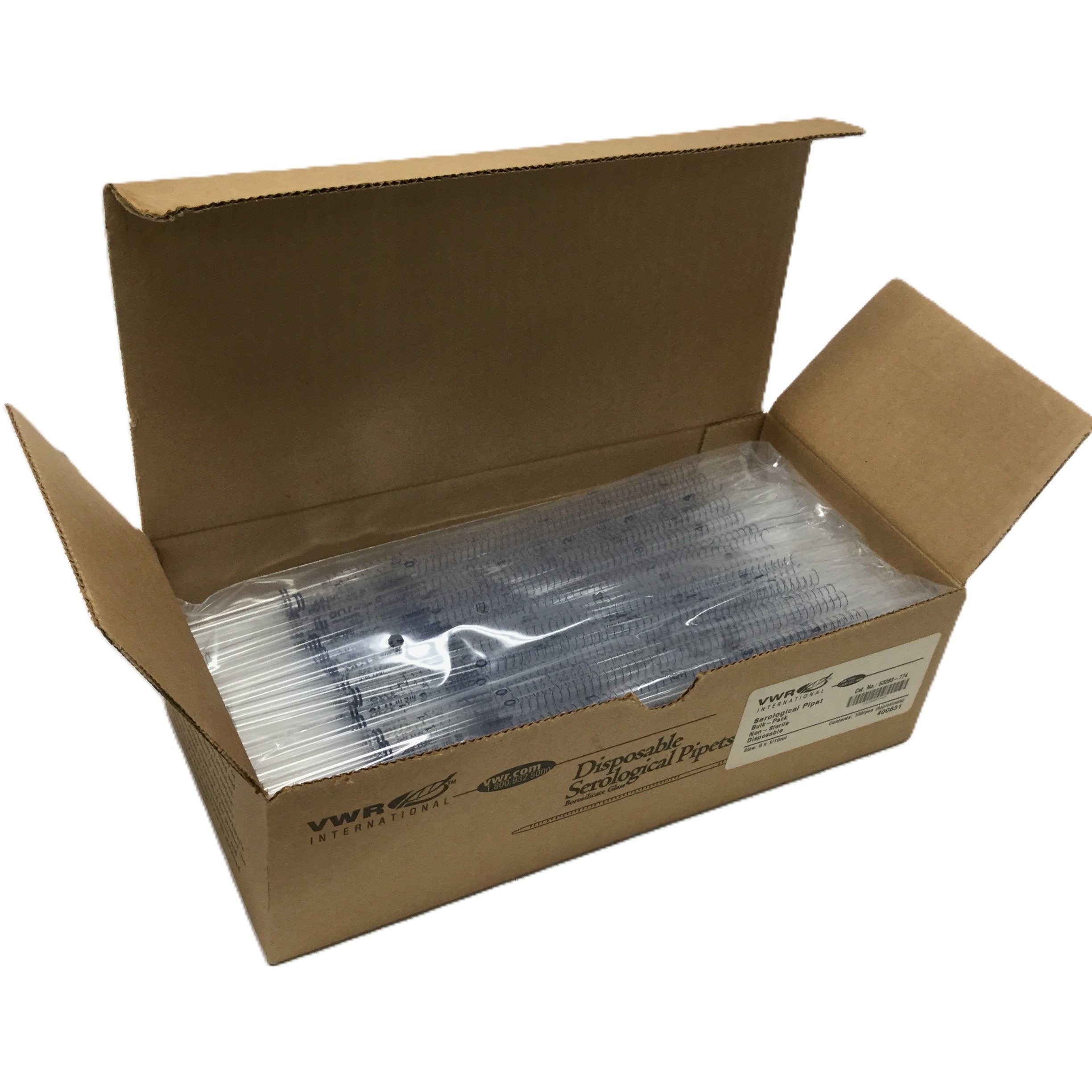 Lot of 100 VWR 53283-774 PYREX Serological Pipettes, Glass, 5mL x 0.1m ...