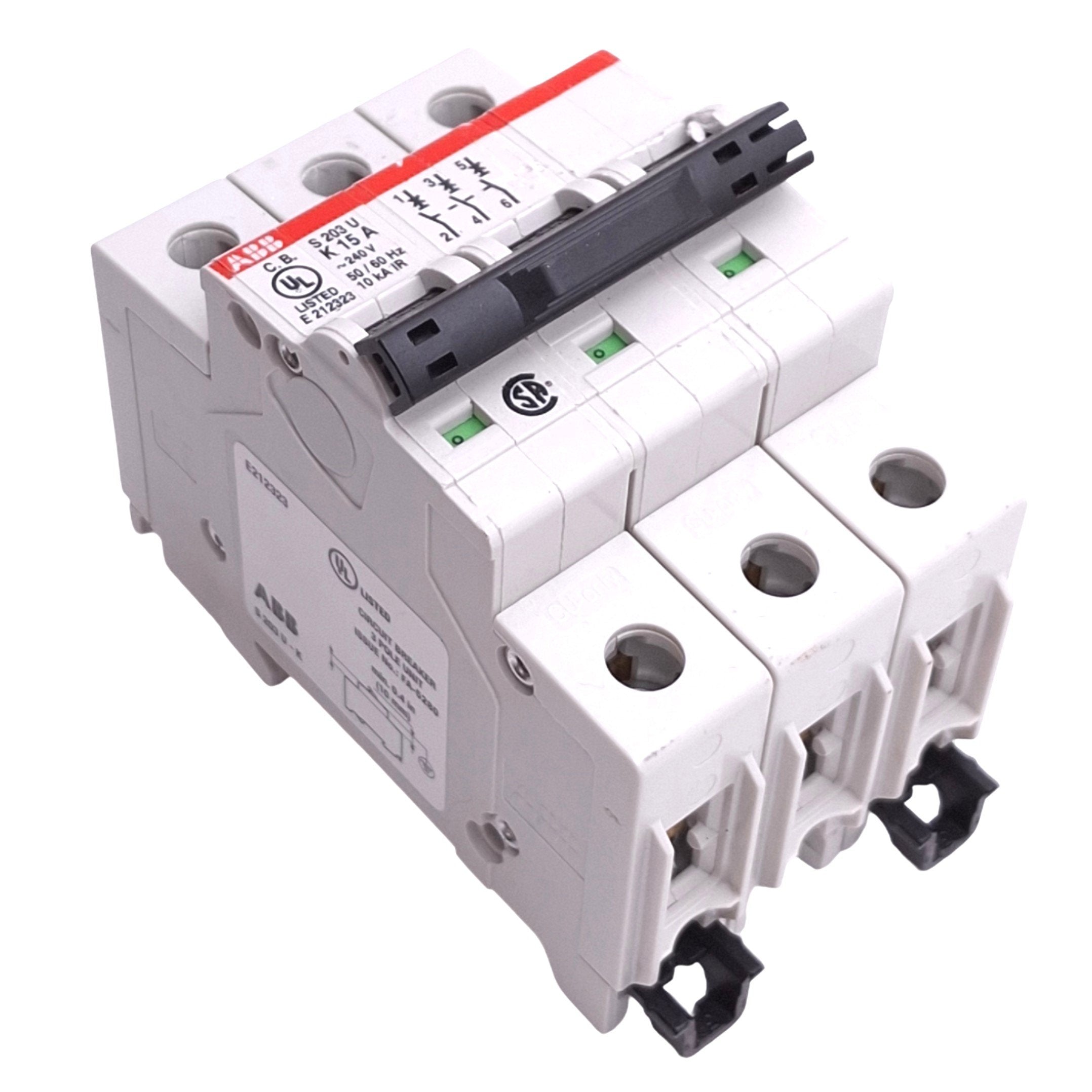 ABB S203U-K15A Circuit Breaker, 3-Pole 15A, 240VAC Max, DIN Rail Mount ...