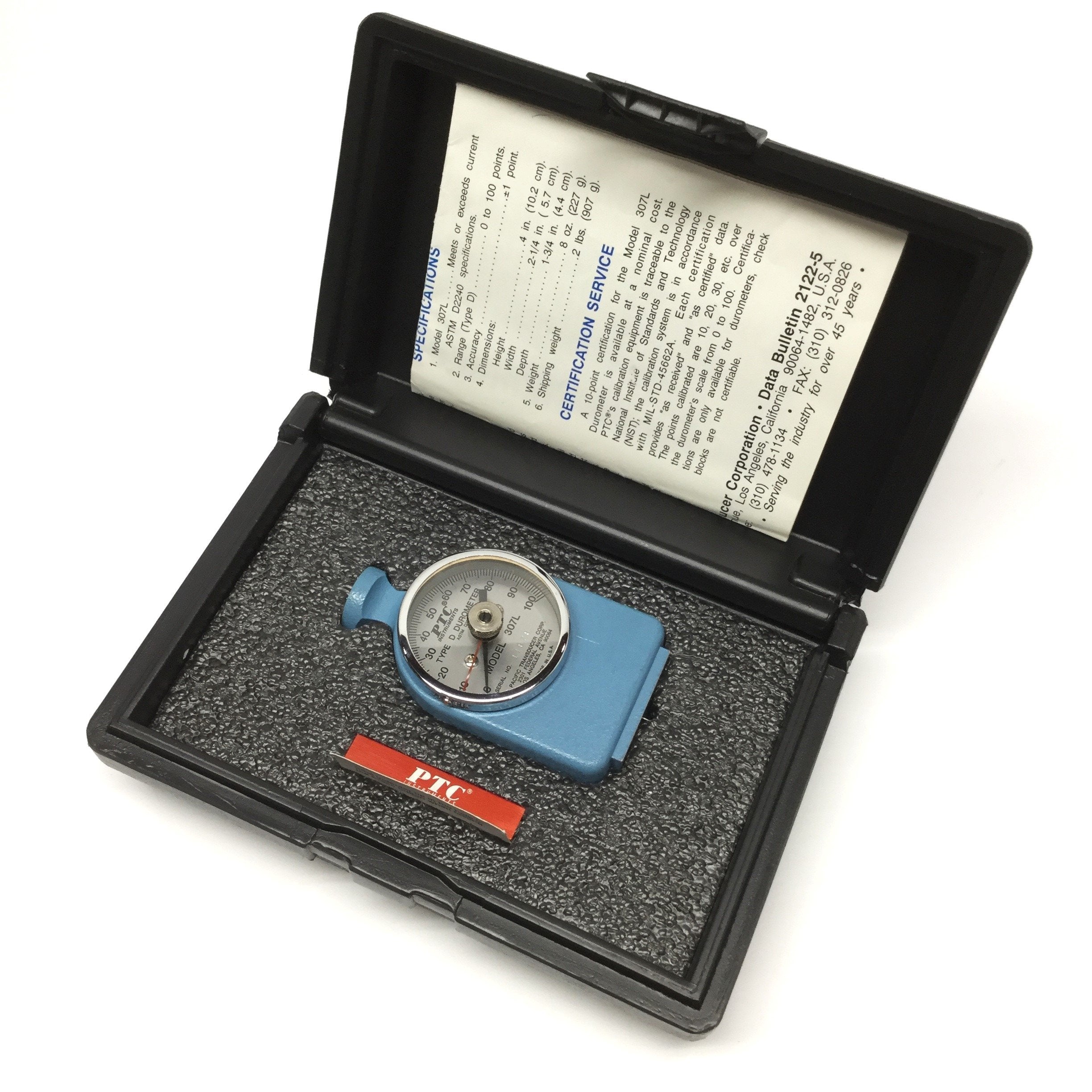 PTC Model 307L ASTM Type D Analog Plastics Durometer 0-100 w/Test Bloc ...