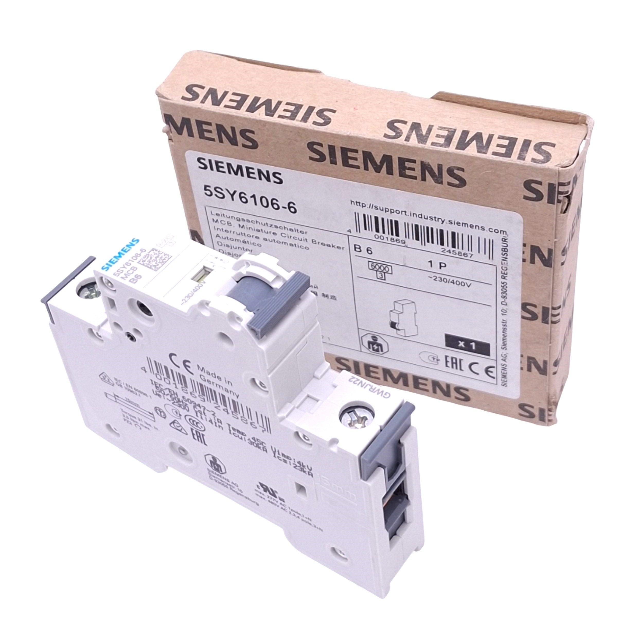 Siemens 5SY6106-6 Circuit Breaker, 1-Pole 6A, 230/400VAC Max, DIN Rail ...
